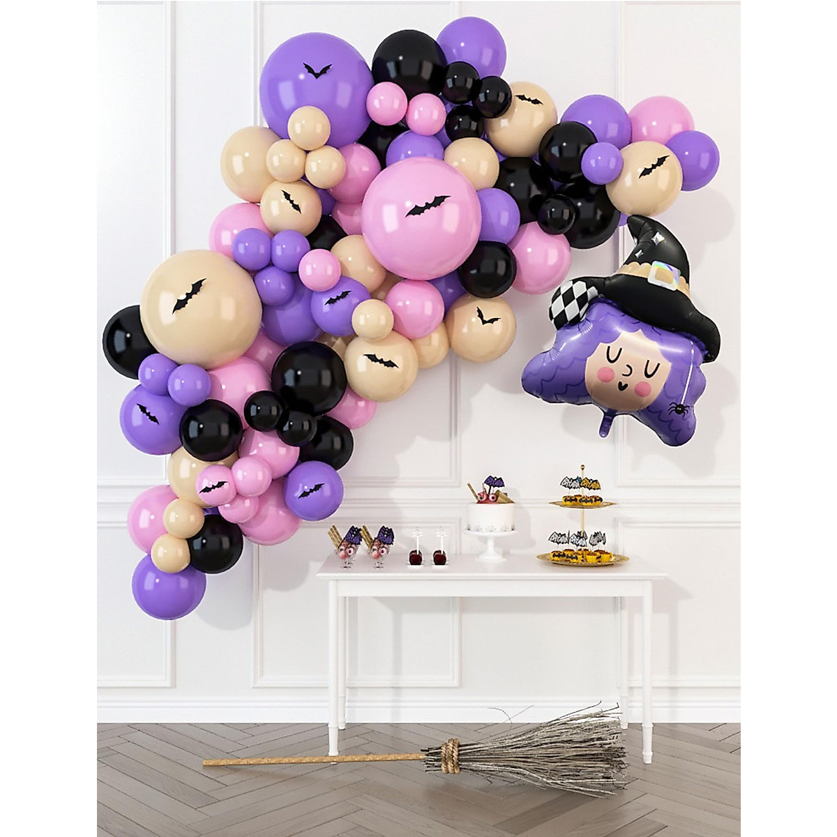 HOUSE OF PARTY Halloween Balloon Arch Kit 86 Pcs - 18/12/10/5 Inch Pink and Purple Halloween Balloon Garland Kit with 30" Witch Foil Balloon & PVC Bats for Halloween Balloons Decorations