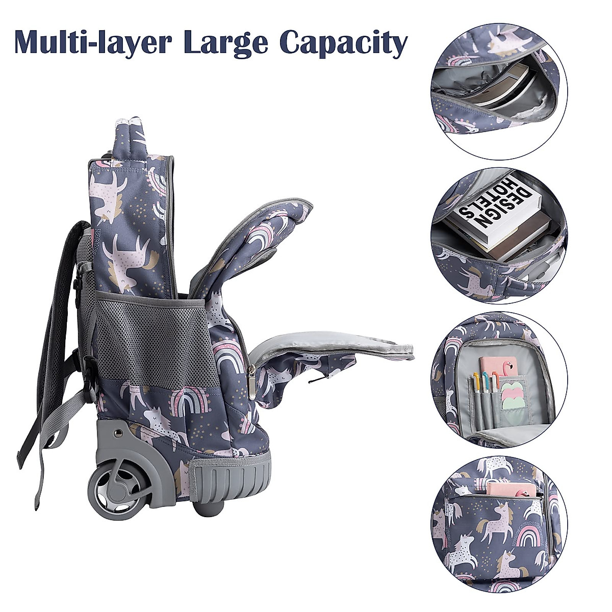 SKYMOVE 18 inches Wheeled Rolling Backpack for Boys and Girls Multi-Compartment School Students Books Laptop Trolley Bag Short Trip Carry-on, Light Gray Polar Bear