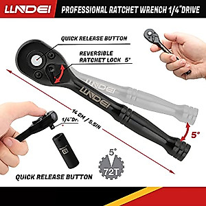 LLNDEI 1/4" Drive Socket Wrench Set, 1/4-Inch Impact Socket Set Metric(4-15mm) Deep and Shallow 6 Point, CR-V, 63PCS with 72T Ratchet Wrench Handle for Household&Automotive Repairing