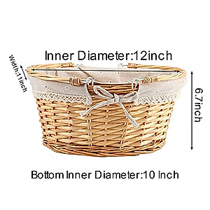 ZEONHEI Oval Wicker Woven Basket, Attractive Willow Woven Gift Basket, Cheap Fruit Picnic Easter Candy Wedding Party Decoration Serving Basket with Folding Handles and Linen Cloth Lining, Natural
