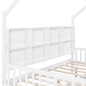 Full Size House Bed with Trundle and Storage Shelves, Montessori Bed, Full Platform Bed Frame with Roof, Tent Bed, Solid Wood Playhouse Bed for Kids Teens Girls Boys (Full, White)