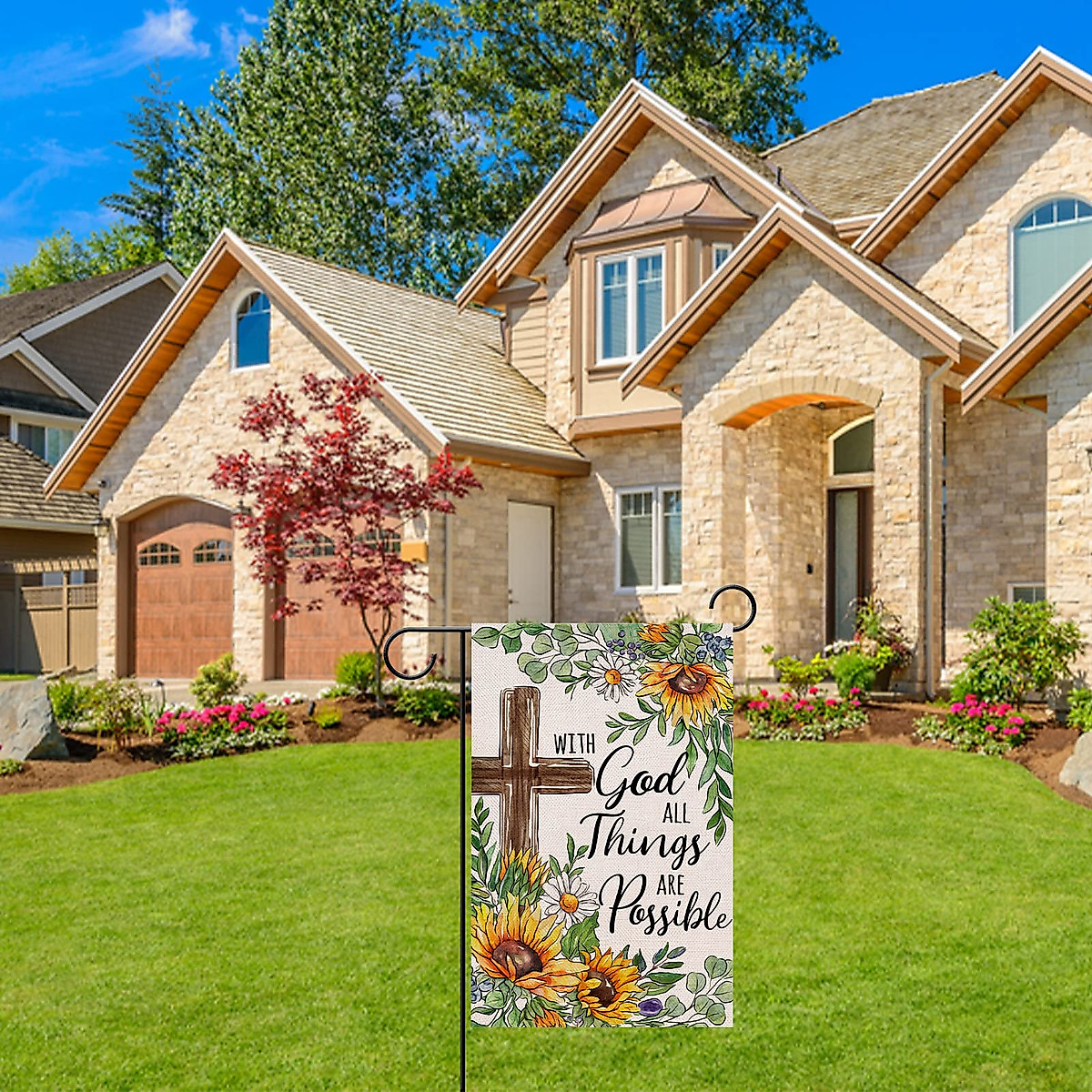 Covido With God All Things Are Possible Religious Spring Summer Easter Decorative Garden Flag, Cross Sunflower Yard Outside Decorations, Inspirational Fall Autumn Outdoor Small Home Decor 12 x 18