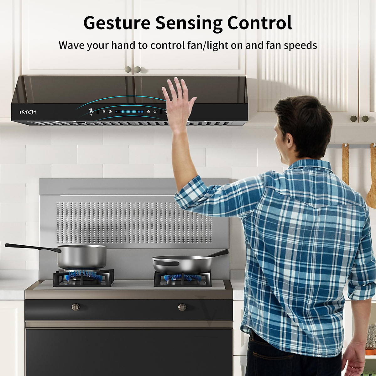 IKTCH 30 Inch Range Hood Under Cabinet, 900 CFM Range Hood with Gesture Sensing, Touch Panel, 4 Fan Speed, Stainless Steel Range Hood with 2 Pcs Baffle Filters, Black-N