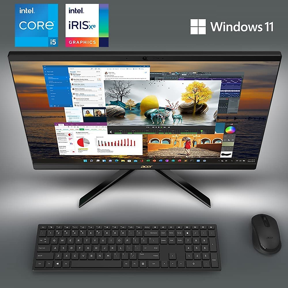 acer 2023 27-inch FHD IPS All-in-One AIO Desktop PC Intel 4-Core i5-1235U Iris Xe Graphics 32GB DDR4 RAM 1TB SSD WiFi AX BT RJ45 USB-C Webcam HDMI Windows 11 Pro Wireless KB and Mouse w/RE USB