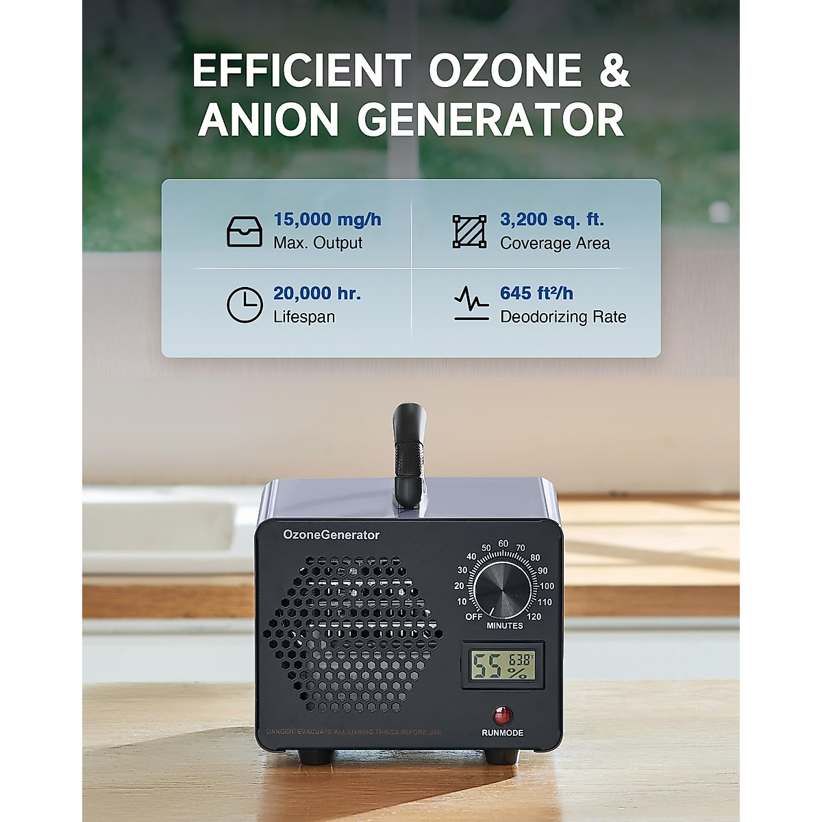 CREWORKS Ozone Generator, 15000 mg/h High Capacity Ozone Machine for Car Home Smoke Pet Odor Removal, Commercial Ozone Odor Eliminator Air Purifier with Timer Display for 3200 sq ft Room, Black