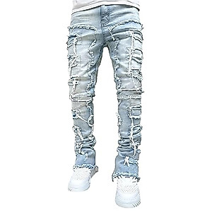 Giraropa Mens Black Stacked Jeans Slim Fit Skinny Ripped Jeans Destroyed Straight Denim Pants Harajuku Hip Hop Trousers Streetwear (Light Blue, S)