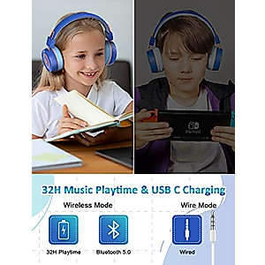 New bee Kids Bluetooth Headphones with Microphone Bluetooth 5.0 Wireless Kids Headphones with 32H Playtime/94dB Volume Limited On Ear Headphones for School/Girls/Boys/iPad/Fire Tablet(Blue)