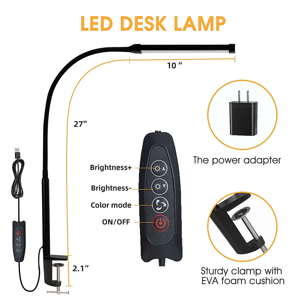 LIBORA Led Desk Lamp for Home Office, Eye-Caring Clip Lights, Architect Reading Task Clamp Lamps, 3 Modes 10 Brightness, Flexible Gooseneck, Memory Function, Black