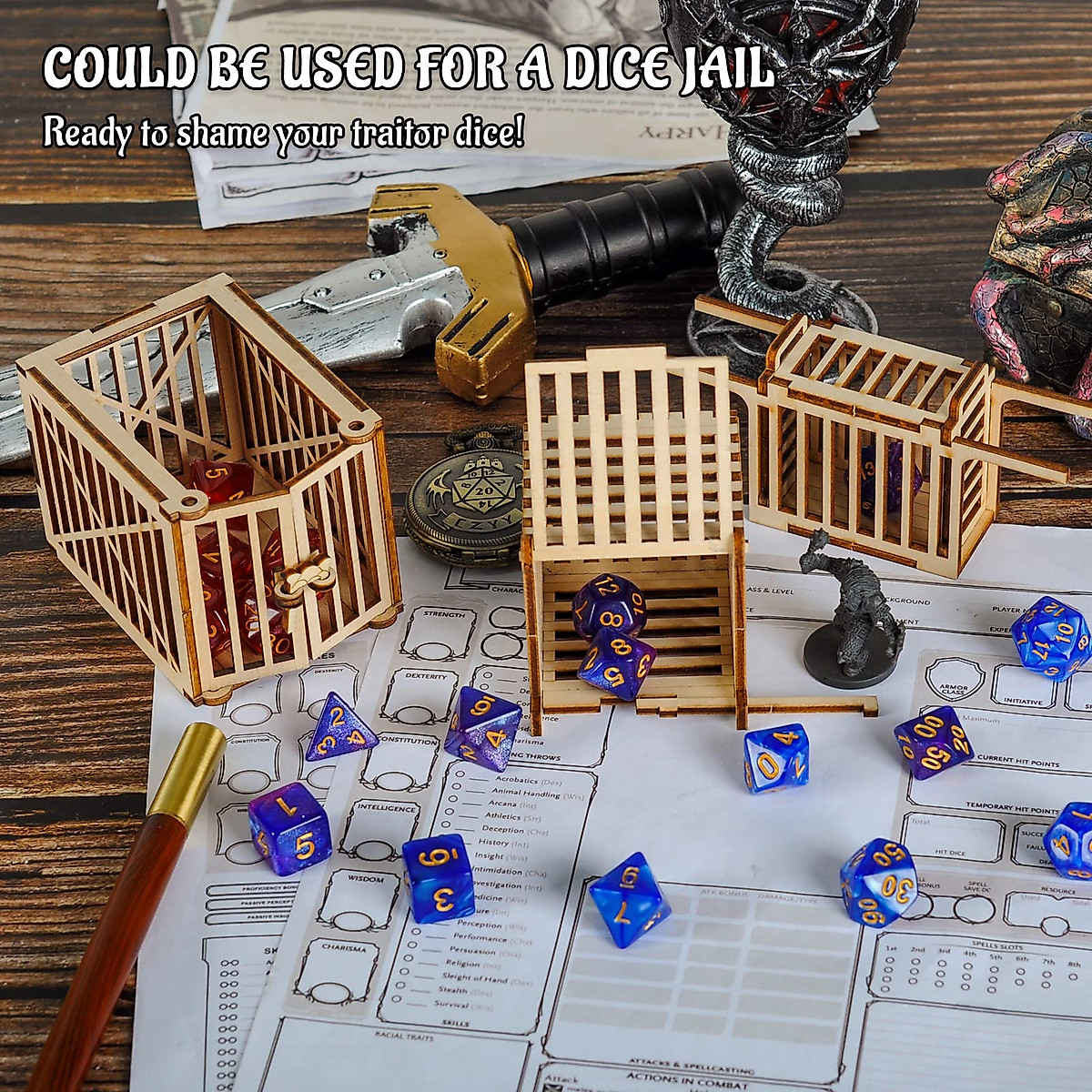 DND Dungeon Prison Cage Miniatures Set of 3 Wood Dice Jails 28mm Fantasy Terrain for Dungeons & Dragons, Warhammer, Pathfinder and Tabletop RPG