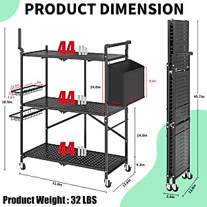 DTUQYX Foldable Outdoor Grill Cart with 3-Tier,Grill Cart,Grill Table for Outside with 2 Total Lock Casters，Pizza Oven Stand Table，Rolling BBQ Table and Folding Kitchen Island, Black