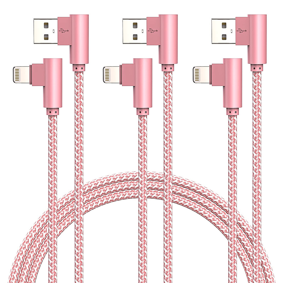 FOXSEA iPhone Charger 10FT, Right Angle Lightning Cable MFi Certified iPhone Charging Cord Nylon Braided Compatible with iPhone 14/13/12/11 Max/Pro Max/Mini/XS/XR/XS/X/8/7/iPad (Pink)