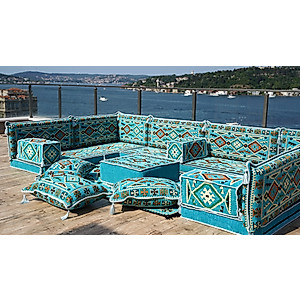 Light Blue Corner Floor Sofa Seating Set, U Shaped Arabic Sofa Set, Oriental Floor Seating, Floor Cushions, Living Room Sofa, Arabic Majlis,Floor Couch (U Sofa Full Set)
