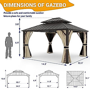 VONZOY 12' x 14' Hardtop Gazebo, Heavy Duty Double Roof Galvanized Steel Outdoor Metal Gazebo with Nettings & Curtains, Aluminum Gazebo with Vertical Stripes Roof for Patio, Backyard, Lawns [Beige]