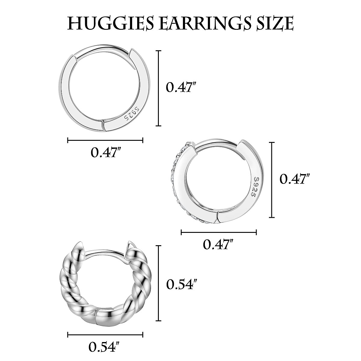 JASSEWRLY 3 Pairs 925 Sterling Silver Small Huggie Hoop Earrings for Women, Hypoallergenic Cubic Zirconia Hoops Huggie Earrings, Twisted Silver Mini Hoop Earrings Cuff Earring for Girls