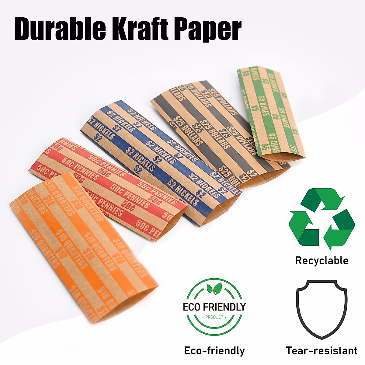 NATURALABEL 250 Assorted Flat Coin Wrappers, 50 Each of Quarters, Dollars, Dimes, Nickels, Pennies, Coin Striped Kraft Packing