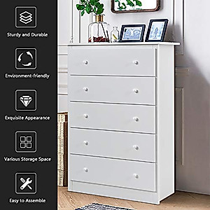 Giantex 5 Drawer Chest, Storage Dresser, Wooden Clothes Organizer Bedroom, Hallway, Entryway Furniture Large Storage Cabinet (White)