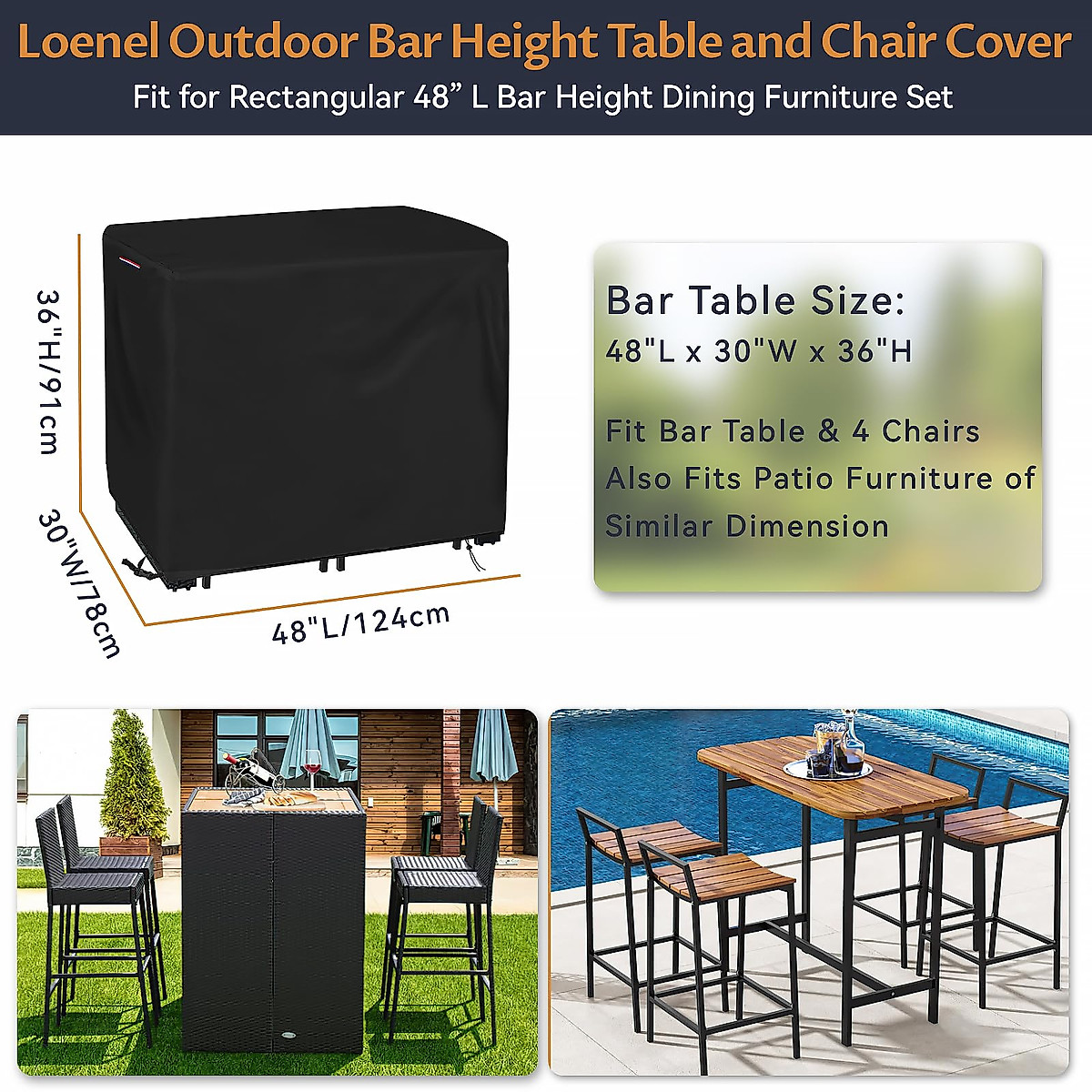 Loenel Outdoor Bar Height Table and Chair Cover, Heavy Duty Waterproof Patio Bar Set Cover for Rectangular 48" Long Bar Height Dining Furniture Set - 48"L x 30"W x 36"H