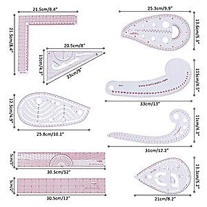 HLZC Fashion Clear Metric Sewing Ruler Set, French Curve Pattern Ruler Kit for Beginners Tailors Designers (A-9-Piece Set)
