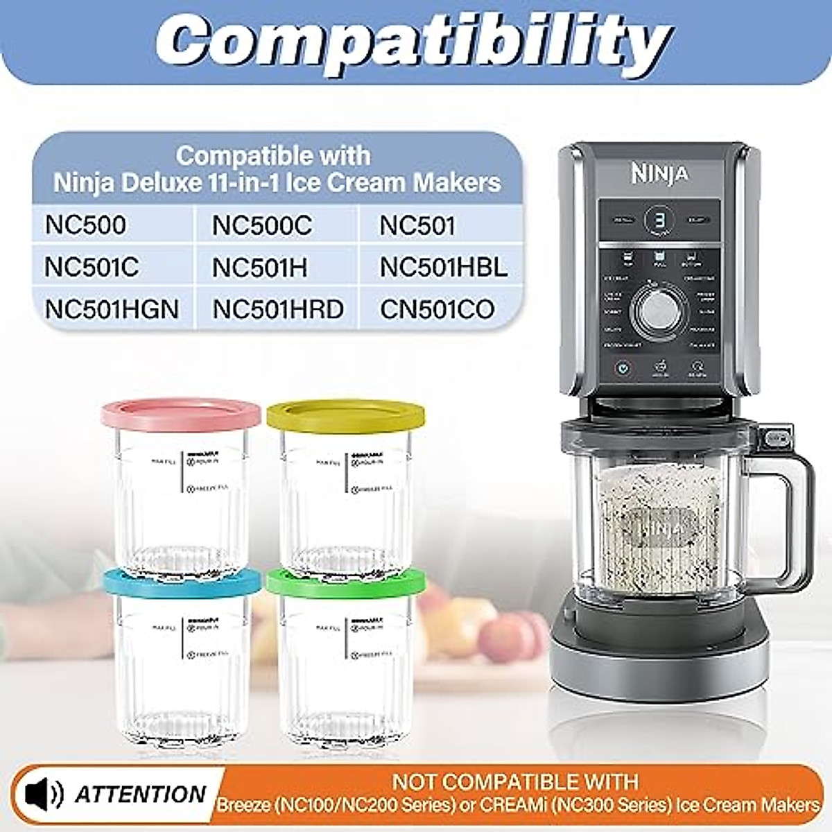 NANOBABY Pint Containers and Lids Replacement Compatible with Ninja Creami Deluxe 11-in-1 Ice Cream Makers, 24oz Pint Cups Replacement for Ninja Deluxe NC500 NC501 NC500C NC501C NC501H,4-Pack,BPA Free
