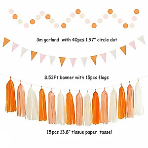 Orange-Beige Peach Fall-Boho Thanksgiving Party-Decorations - 31pcs Autumn Friendsgiving Banner,Streamers Tassel Garland,Birthday Tissue Pom Poms, Paper Lantern Fans,Bridal Shower Hanging Decor Hugtmr