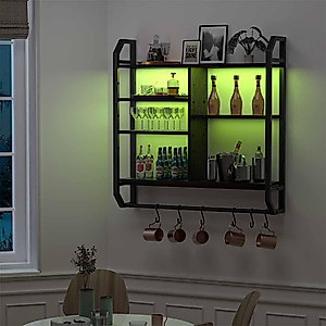 Nidouillet Gaming Floating Shelves, Large LED Wall Mounted Display Shelf, Adjustable Hanging Pipe Shelf Bookshelf with Lights 6 Hooks for Game Living Room Bedroom Coffee Bar Kitchen Decor Black