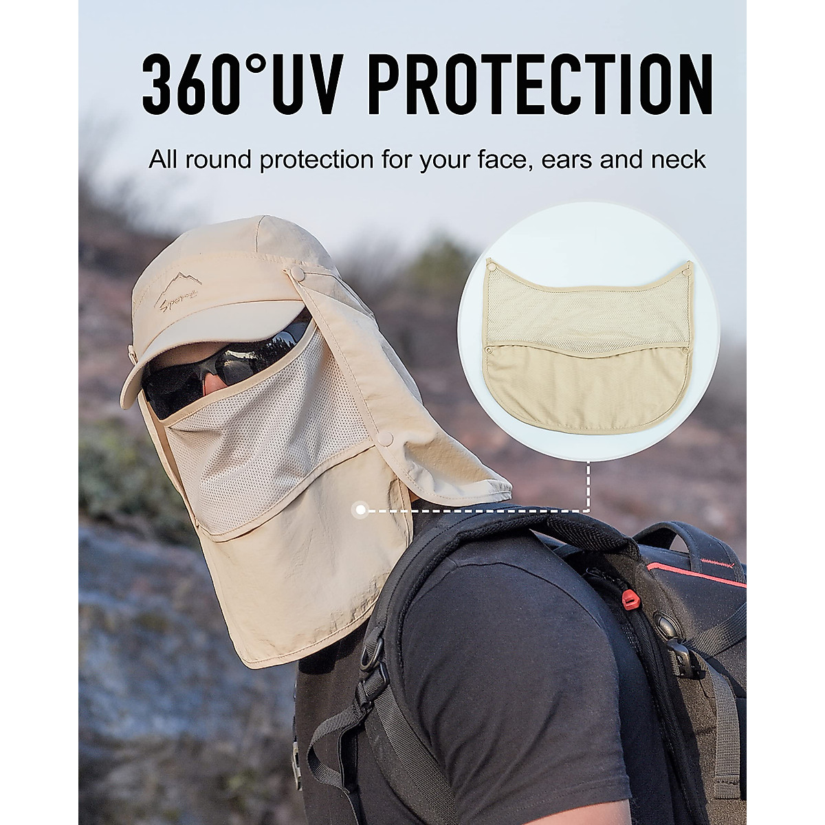 Koreshion Men Women Fishing Hat Outdoor UV Protection Sun Hat 4 in 1 Summer Hat Baseball Cap Visor Hat with Removable Mesh Face Cover & Neck Flap Beige