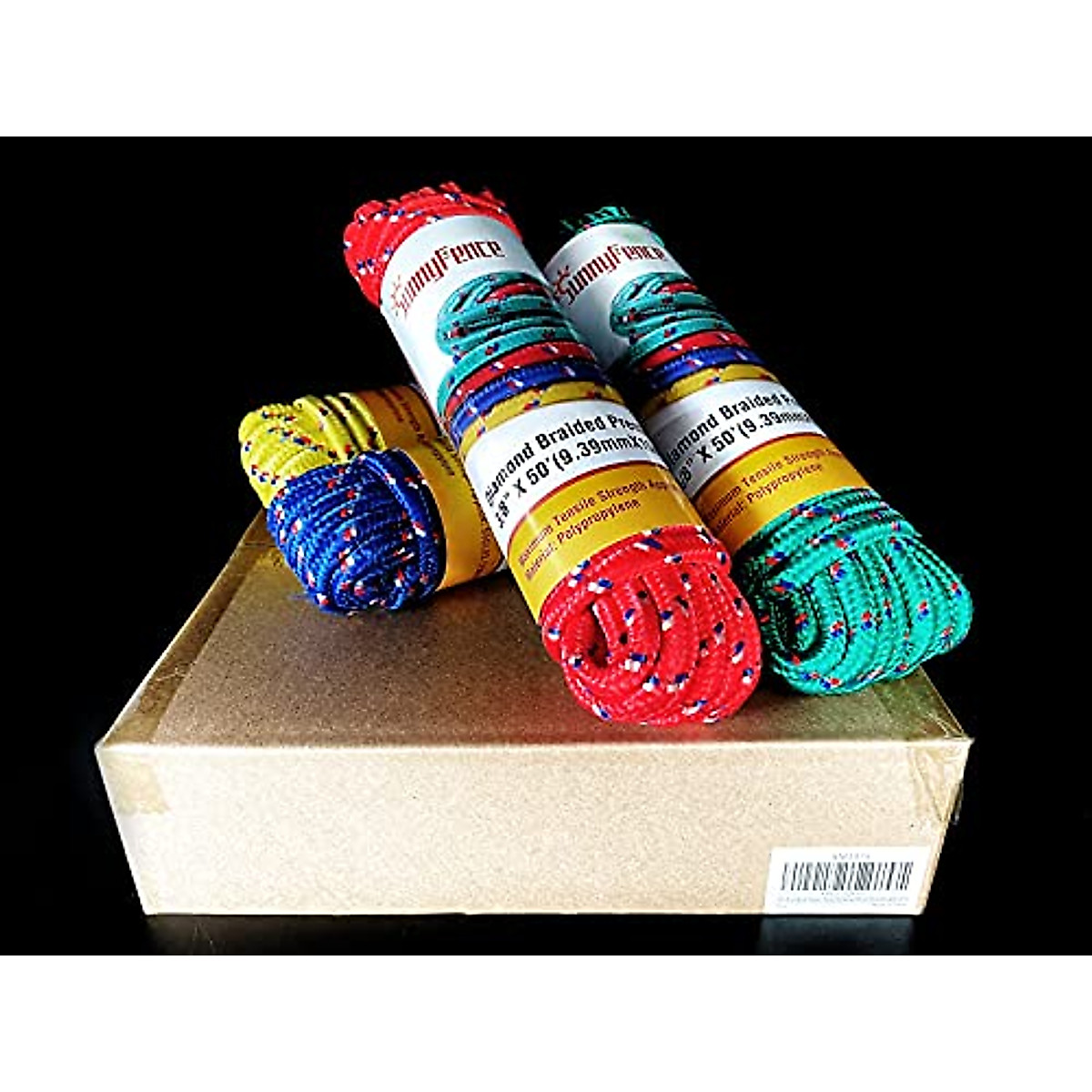 SunnyFence 3/8”, 200ft / 61m, (4 Packs X 3/8” X 50ft) Diamond Braided Polypropylene Premium Rope/Ropes Heavy Duty Rope with Red/Yellow/Blue/Green