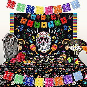 Day of the Dead Party Decorations, Mexican Fiesta Pennant Hanging Banner Sugar Skull Dia De Los Muertos Backdrop and Table cover for Day of the Dead Party Supplies