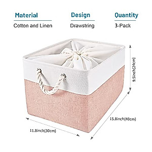 HOdo Home Fabric Storage Bin with Drawstring Closure and 2 Bold Handles, Collapsible Large Canvas Storage Baskets for Organizing Shelf Nursery Home Closet (White&Pink, 15.8L×11.8W×9.5H - 3Pack)