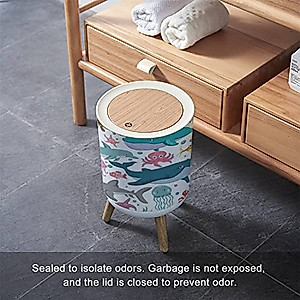 Trash Can with Lid Marine Life sea Animals and Fish Various Poses and situations Drawing Press Cover Small Garbage Bin Round with Wooden Legs Waste Basket for Bathroom Kitchen Bedroom 7L/1.8 Gallon