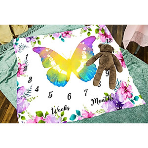 LYLYCTY Baby Monthly Milestone Blanket for 1 to 12 Months Baby, Flower and Butterfly Blanket for Baby Pictures Personalized, Includes Wreath and Frame 47"x47" BTZYLY36
