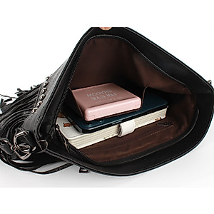 Hoce Women’s Leather Fringe Messenger Bag Hobo Crossbody Tassel Shoulder Bags, Black