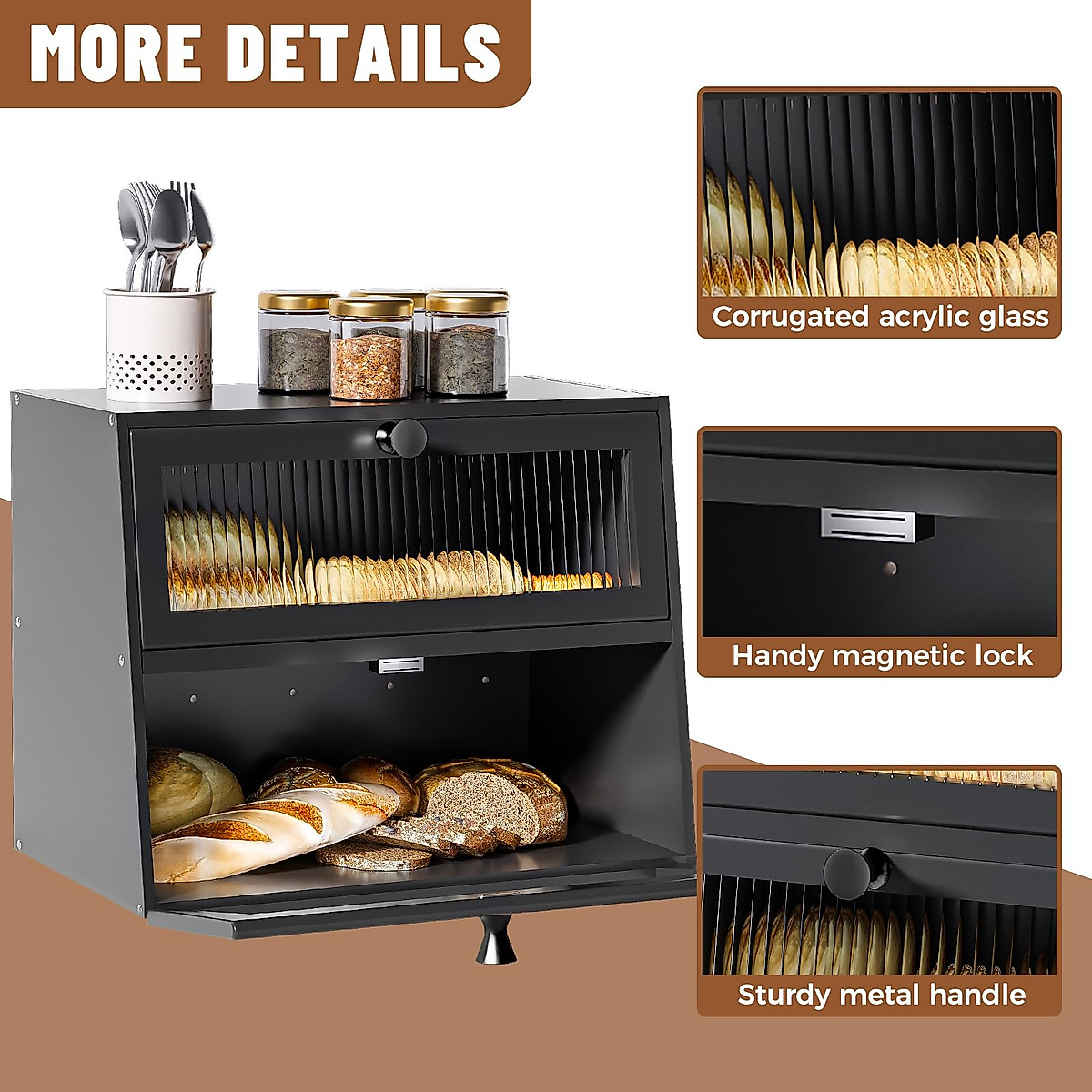 JUATPNIY Bread Boxes for Kitchen Counter Airtight Bread Storage Bread Container Large Wooden Farmhouse Bread Box with Window (Black)