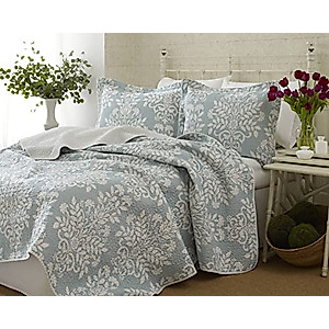 Laura Ashley - Rowland Collection - Quilt Set - 100% Cotton, Reversible, All Season Bedding with Matching Shams, Pre-Washed for Added Comfort, King, Blue