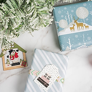 WRAPAHOLIC Reversible Christmas Wrapping Paper - 30 Inch X 100 Feet Jumbo Roll Blue and White Reindeer Family Holiday Landscape and Stripe Design