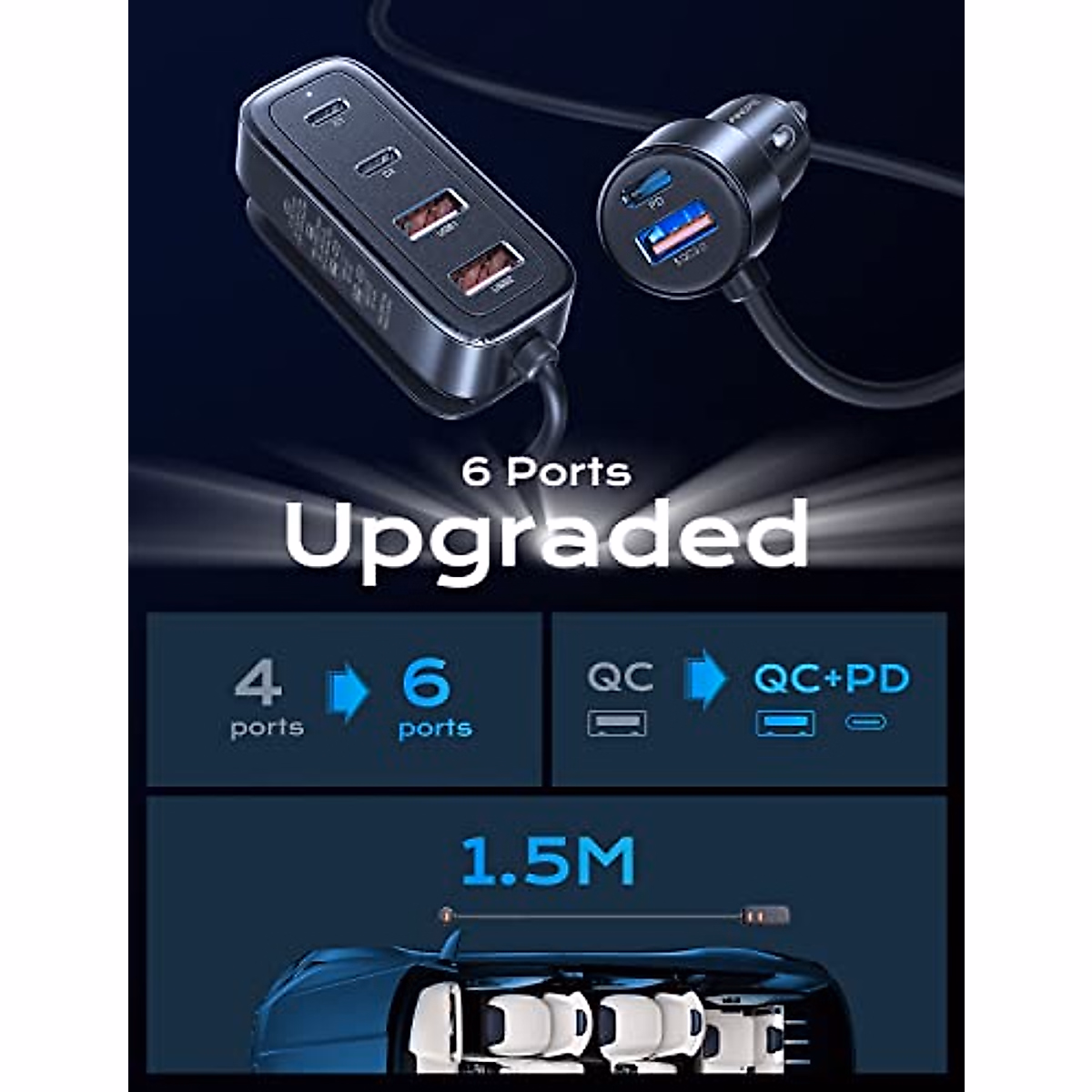 AINOPE 90W USB C Car Charger 6-Port, Super Fast USB Car Charger Fast Charging, PD 30W & QC3.0 Cigarette Lighter Car USB Charger Multi Port with 5FT Cable for iPhone 14/iPad Pro/Samsung S23 Ultra