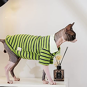 Sphynx Hairless Cat Clothes Autumn Waffle Stripe Lapel Polo Shirts Breathable Thicken Cotton T-Shirts with Sleeve Kitten Shirts Pet Clothes (M (6-7.7lbs), Black Green Polo)