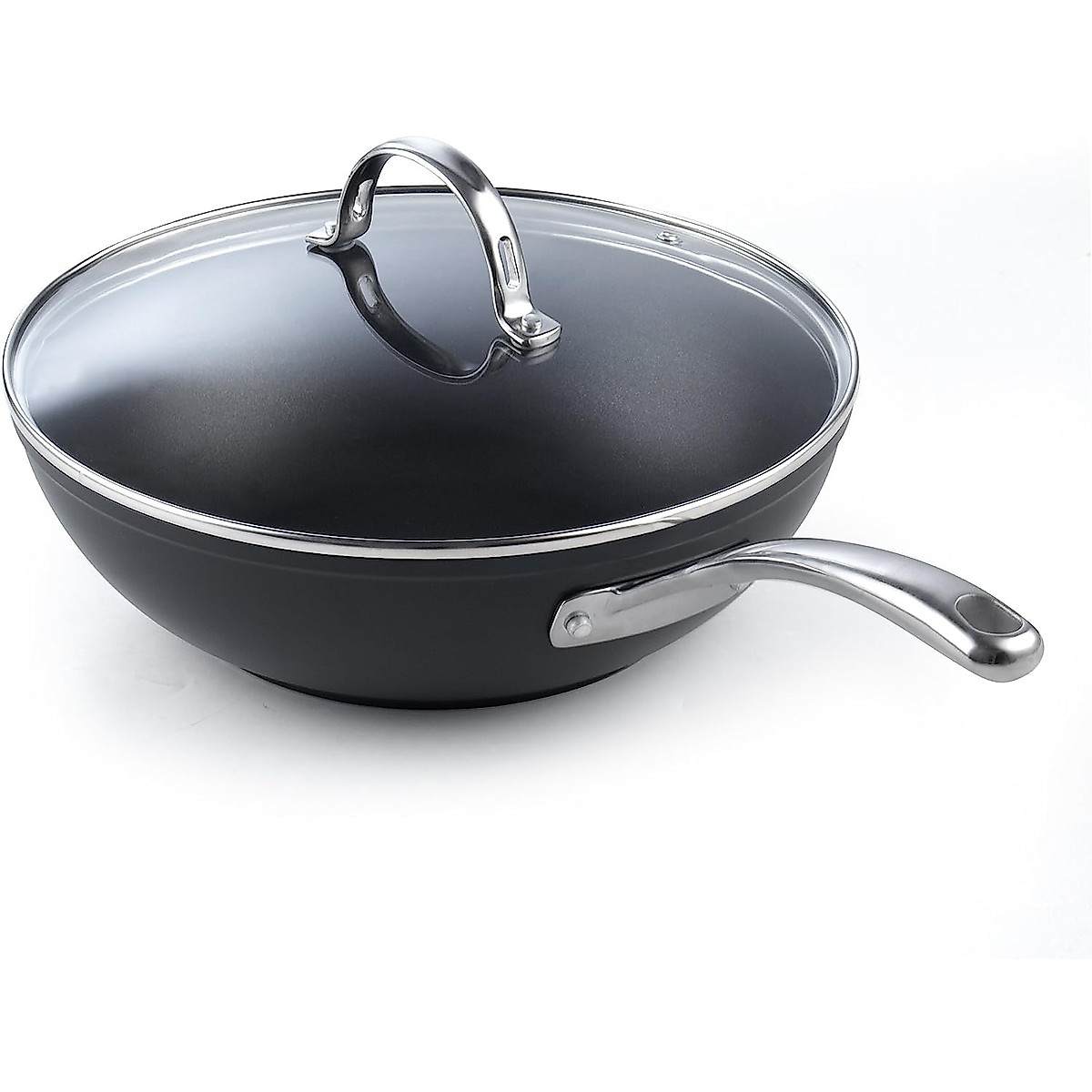Cooks Standard Nonstick Stir-Fry Wok Pan 11-Inch, Hard Anodized Deep Frying Pan with Glass Lid, Flat Bottom, Black