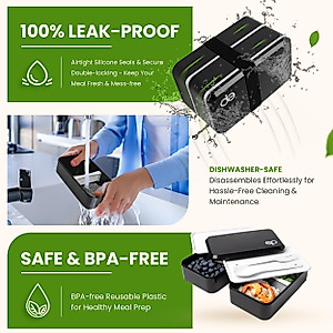 Stackable Bento Lunch Box for Adults with Utensils - Leakproof Bento Box Adult Lunch Box Containers w/ Compartments & Dividers, BPA-Free, Microwave/Dishwasher Safe, 5" x 7" x 4.5", Black w/ Strap