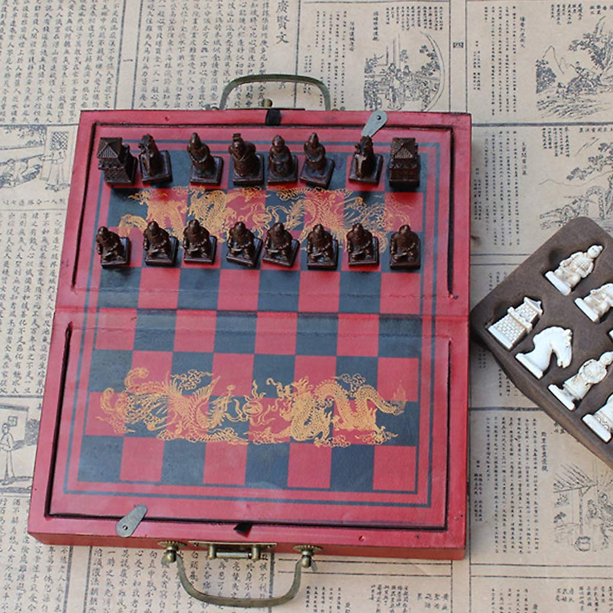 Vintage Chinese Terracotta Warrior 32 Chess Set Wood Table Chess Games Gift