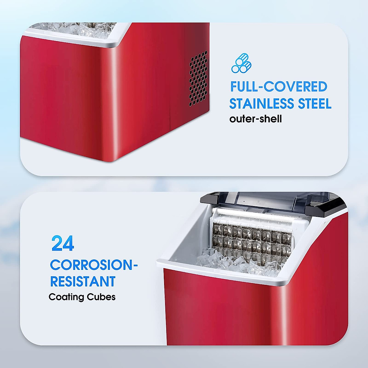 FREE VILLAGE Ice Maker Machine Countertop, 40Lbs/24H, Auto Self-Cleaning, 24pcs Ice Cube in 13 Mins, Portable Compact Ice Cube Maker, with Ice Scoop & Basket, Ideal for Home/Kitchen/Office/Bar, Red