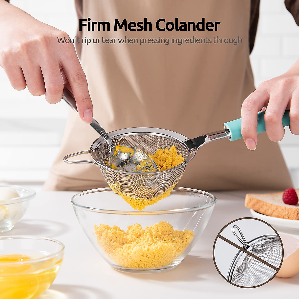 18/8 Stainless Steel Mesh Strainer: U-Taste 3.9 Inch Kitchen Fine Mesh Sieve Food Colander with Riveted Sturdy Silicone Handle and 30 Mesh Hole for Straining Flour, Quinoa, Tea, Juice (Aqua Sky)