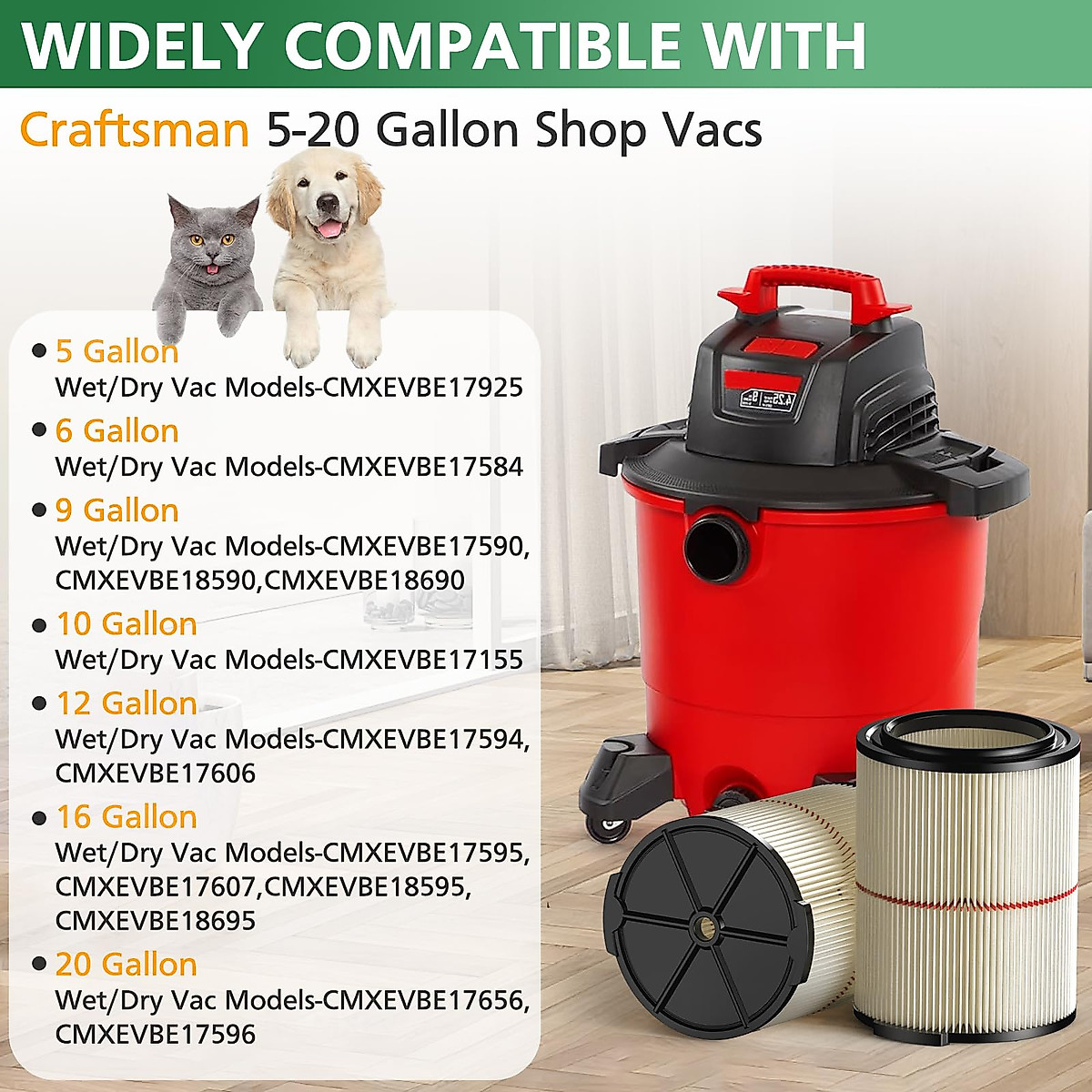 2Pack Replacement Filter For Craftsman ‎CMXZVBE38754 Red Stripe General Purpose Wet Dry Vac Replacement Filter Fit for 5 to 20 Gallon Shop Vacuums Part #009-38754