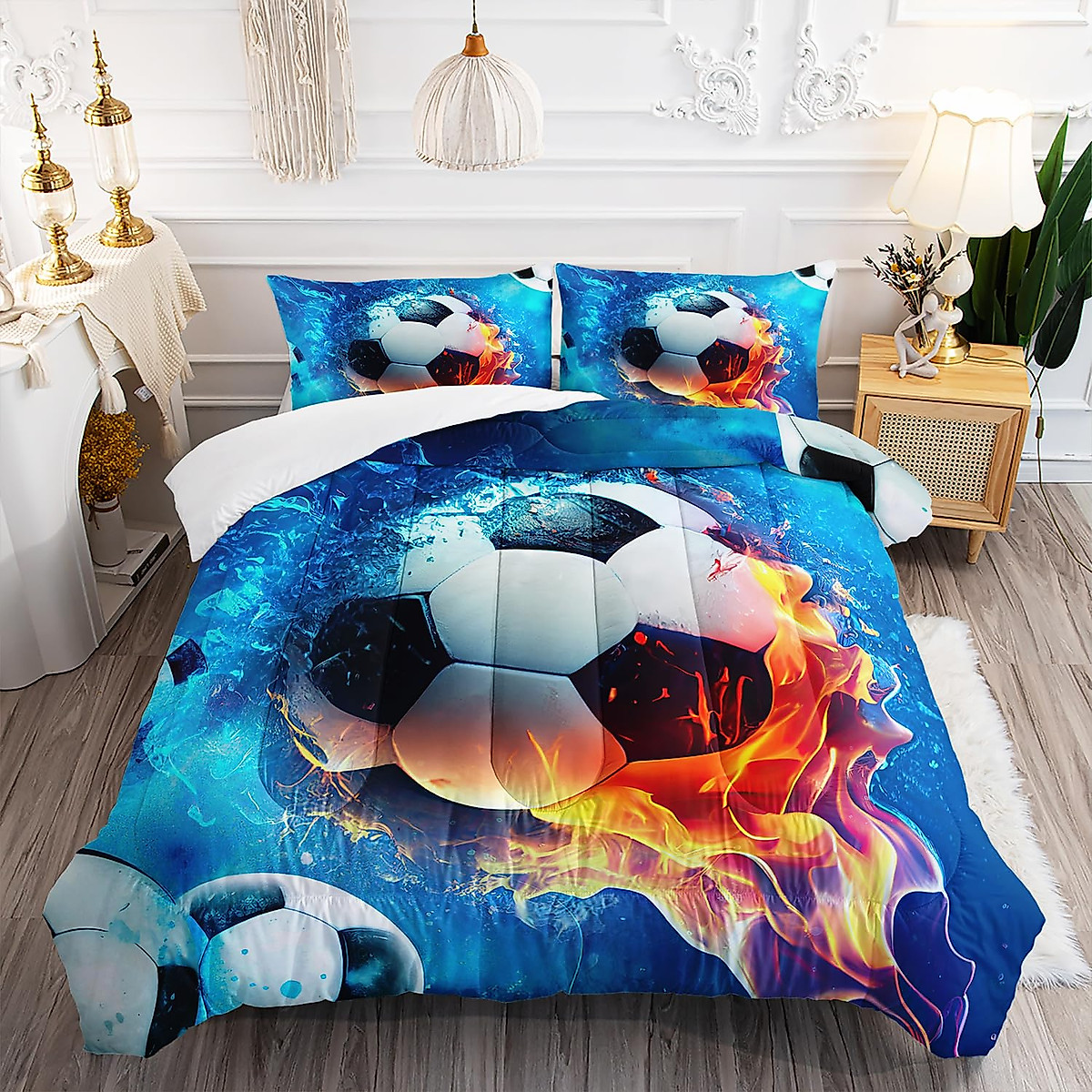 AILONEN Soccer Bedding Set Soccer Ball Print Comforter Set, Full Size Ice and Flame Sport Boys Soccer Comforter Set,Football Bed in a Bag 3 Pieces, 1 Quilt and 2 Pillowcases