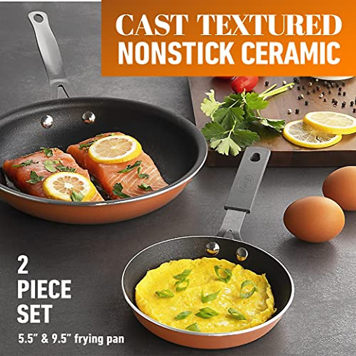 GOTHAM STEEL Cast Set, 2 Piece Nonstick Copper Fry Pans, 5.5” & 9.5” Non Stick Skillets, Metal Utensil Oven & Dishwasher Safe
