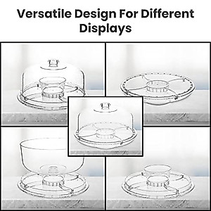 Chef's Star Acrylic Cake Stand with Dome Cover 6 in 1 Multi-Functional Serving Platter and Cake Plate - 12 Inch Use as Desert Platter, Salad Bowl, Veggie Platter, Cake Holder, Nachos & Salsa Plate