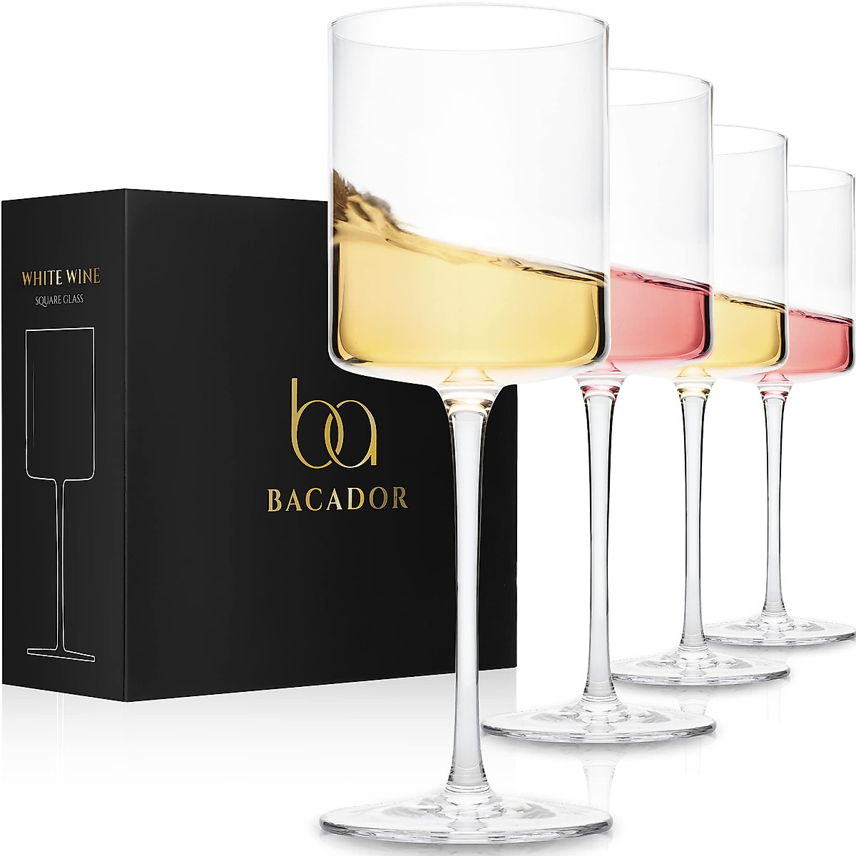 Bacador Square Wine Glasses Set of 4 - Cylinder Design Ideal for White and Red Wine - Modern Edge Crystal Stemware - Stunning Gift for Anniversaries - 14 oz