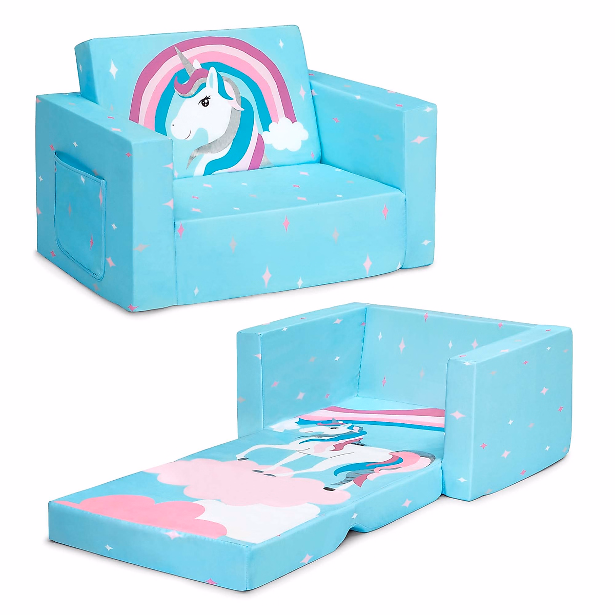 Delta Children Cozee 2-in-1 Convertible Sofa to Lounger For Bedroom - Lightweight,Portable Comfy Flip Open Couch/Sleeper for Kids, Blue Unicorn