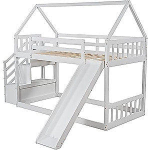 Harper & Bright Designs House Bunk Bed with Stairs,Wooden Kids Bunk Bed Twin Over Twin with Slide, Twin Size Floor Bunk Bed for Girls Boys, No Box Spring Needed, White