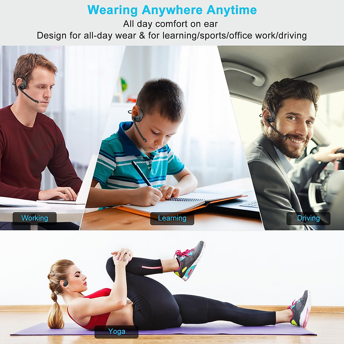 iDIGMALL Bluetooth Headset with Detachable Microphone, Multi-Point Wireless Headset w/DSP Noise Canceling Mic for Phone PC Laptop, Comfort & Light Open Ear headphones for Office Meeting Home Work, 12H